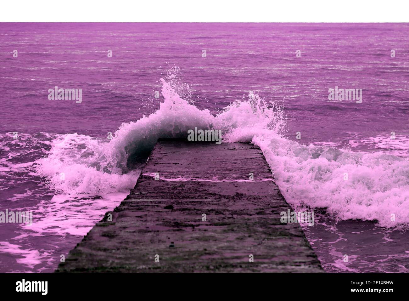 Landscape photos purple sea with the waves and the pier. Example of a ...