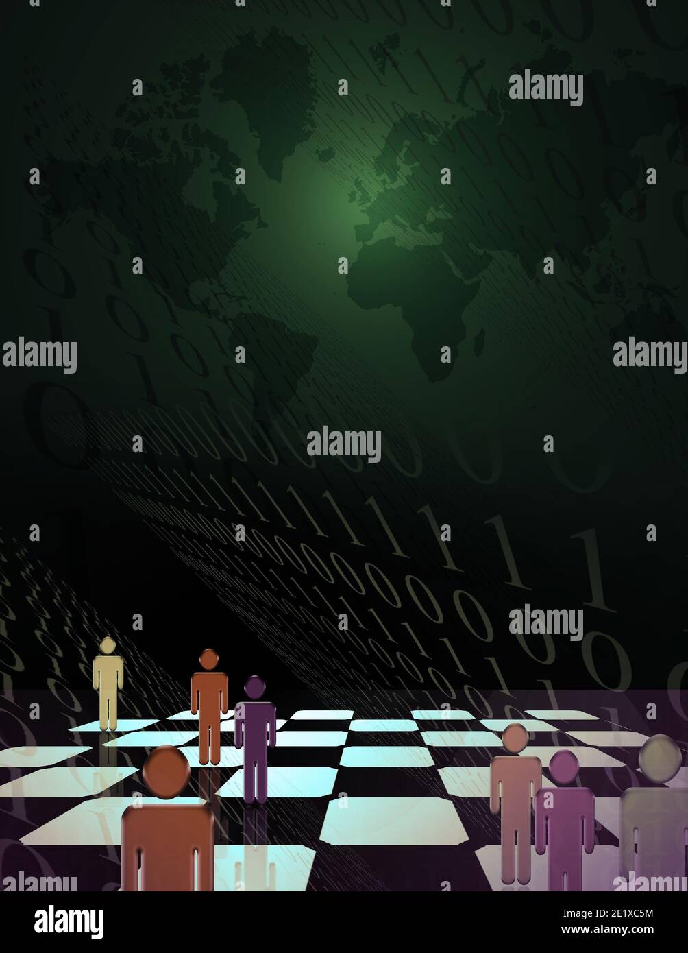Digital space. Symbolic human figures on a chess board. Binary code. 3D ...