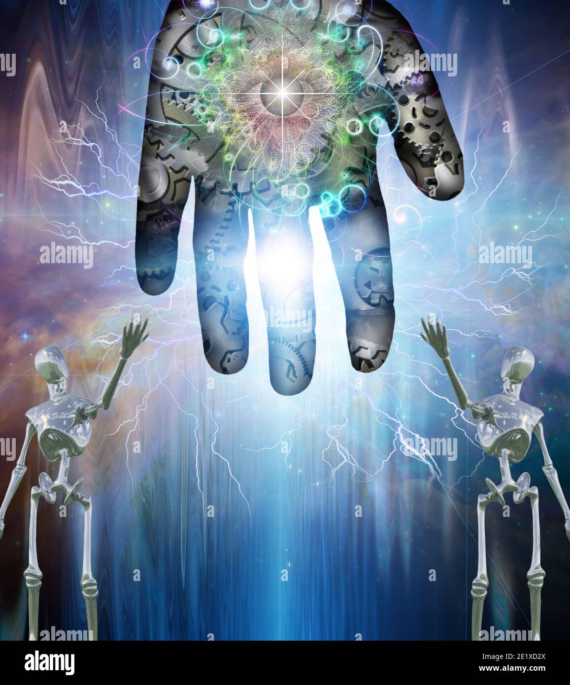 Machine God. Human palm and cog wheels. 3D rendering Stock Photo - Alamy