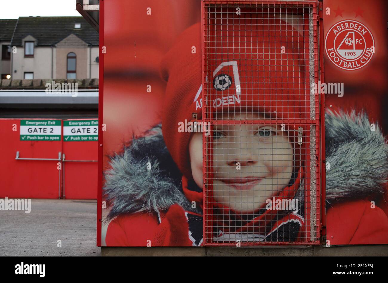 A closed refreshment stand with a poster of an Aberdeen fan during the ...