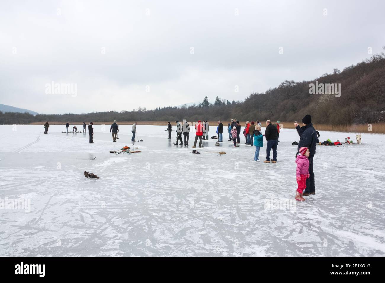 Dunoon, Scotland, 9th Jan 2010. Locals play a game of curling on a ...