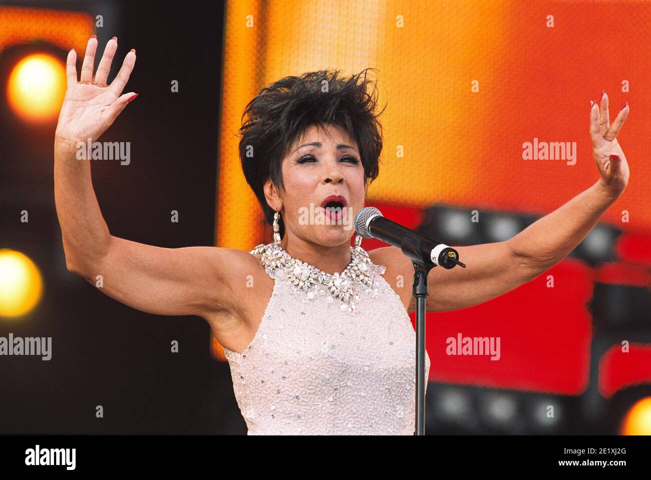 Shirley Bassey on stage at The Safeway Picnic In The Park 2002, held in ...