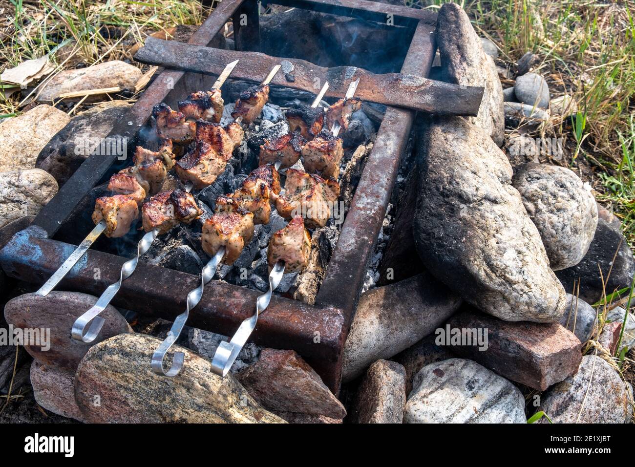 Delicious appetizing shish kebab cooked on a fire over coals. In nature ...