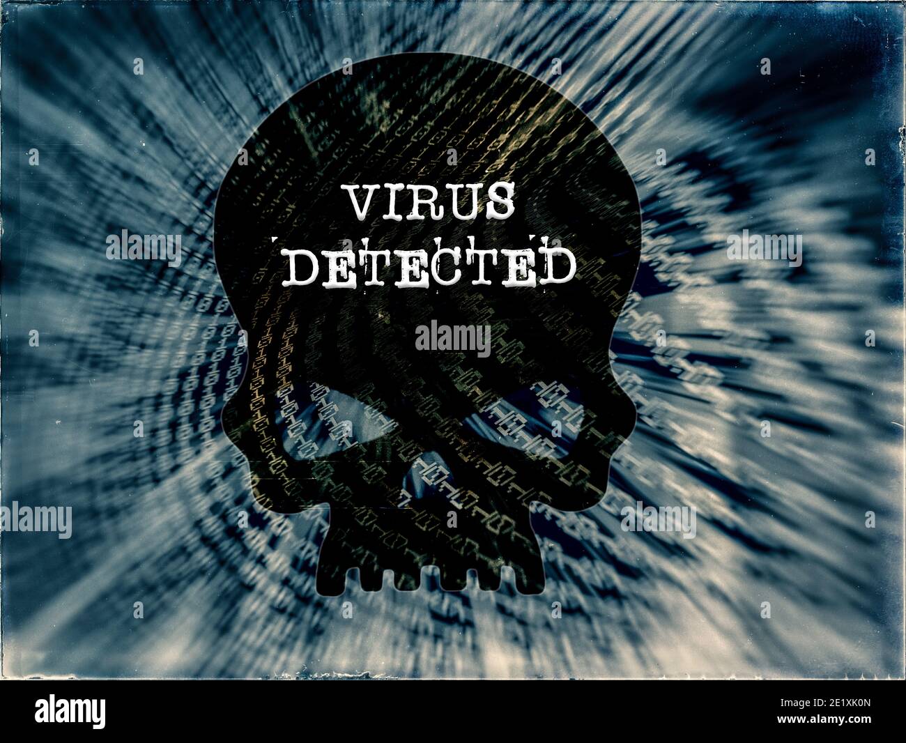 Virus Detected, Ransomware Black Skull on Binary Blue background Stock ...