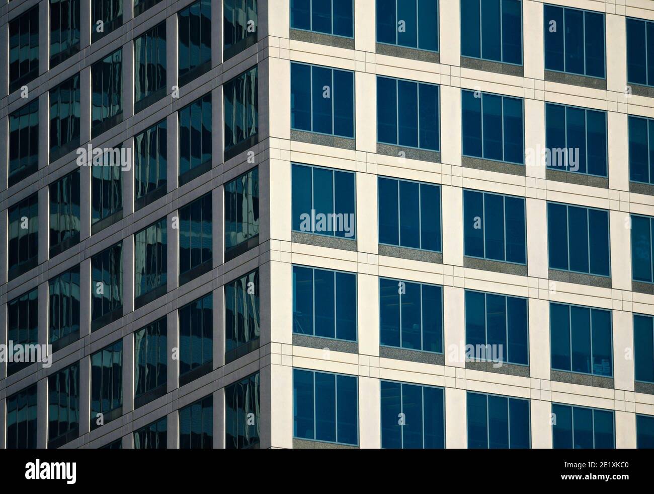 Financial high-rise building exterior corner view with symmetrical ...