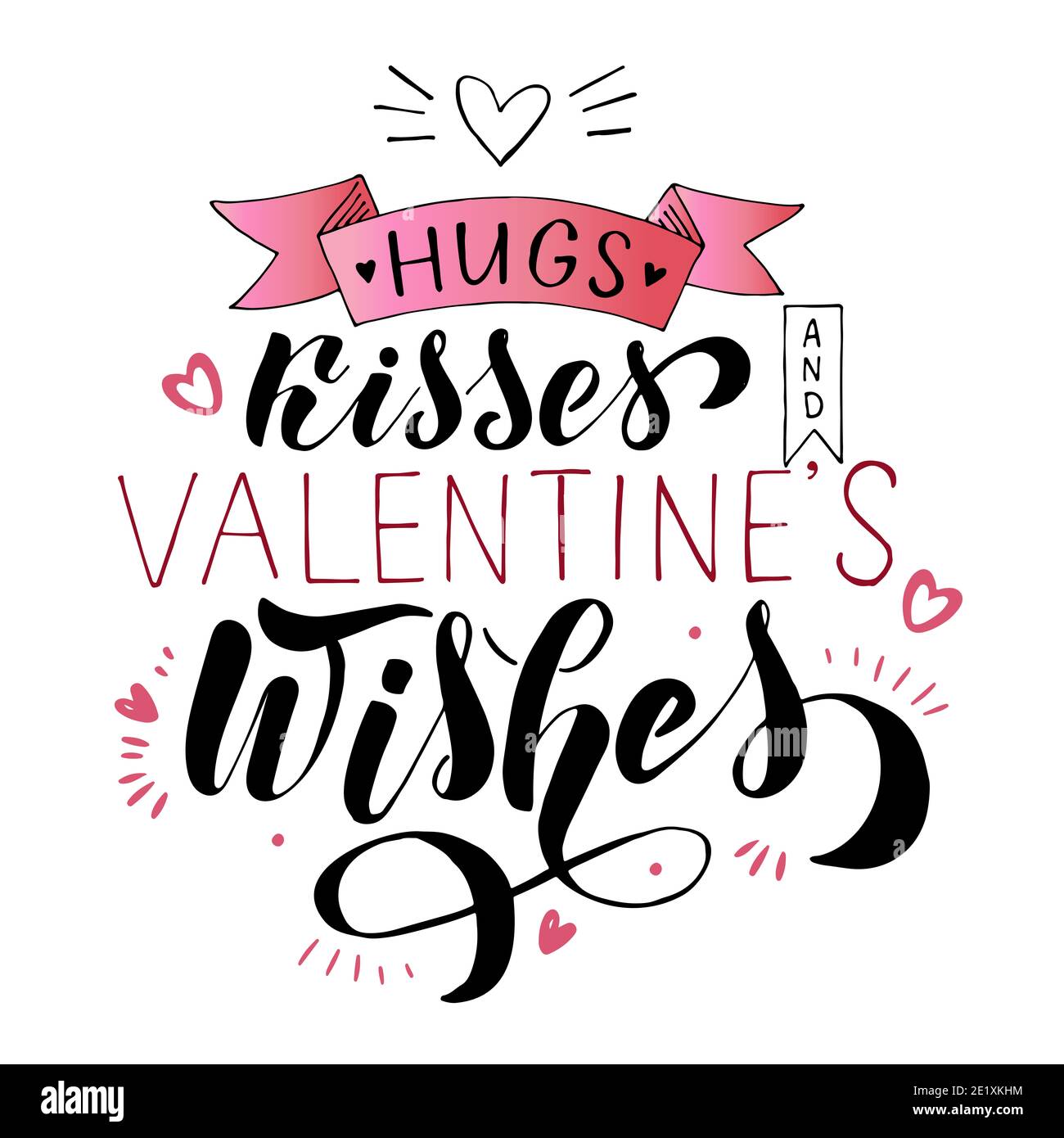 Hugs, kisses and Valentines wishes. Vector illustration with pink ...