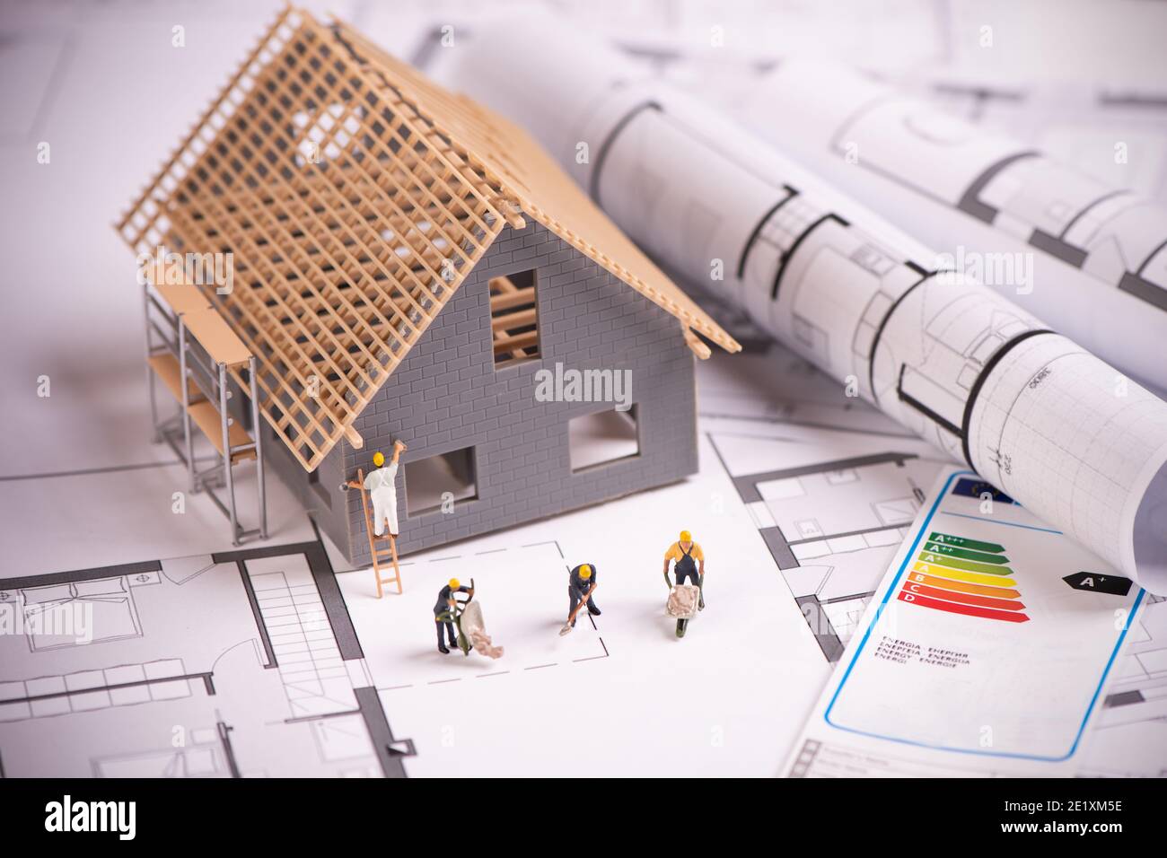Energy efficiency label with architecture model and blueprint Stock ...