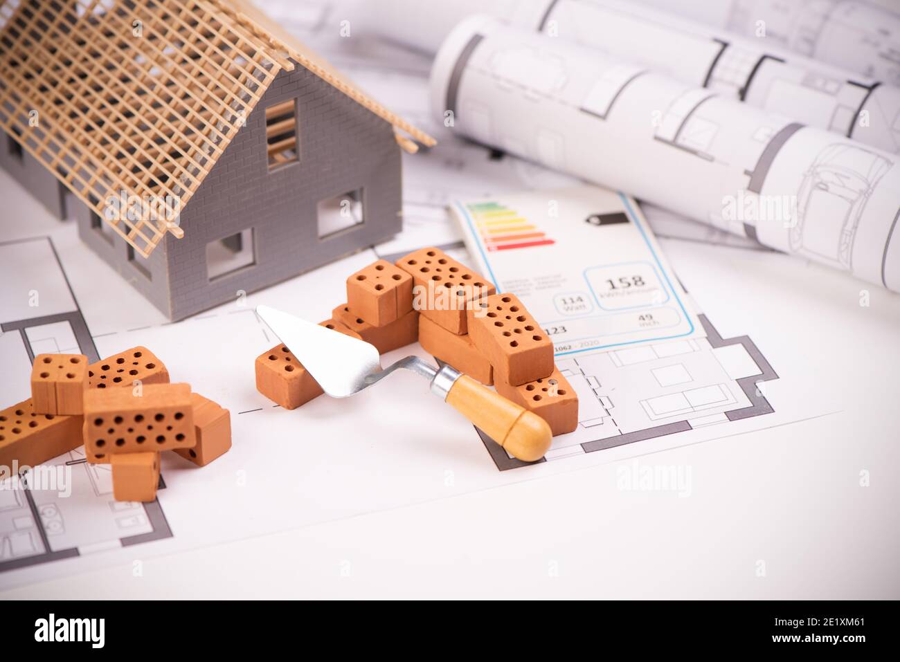 Energy efficiency label with architecture model and blueprint Stock ...