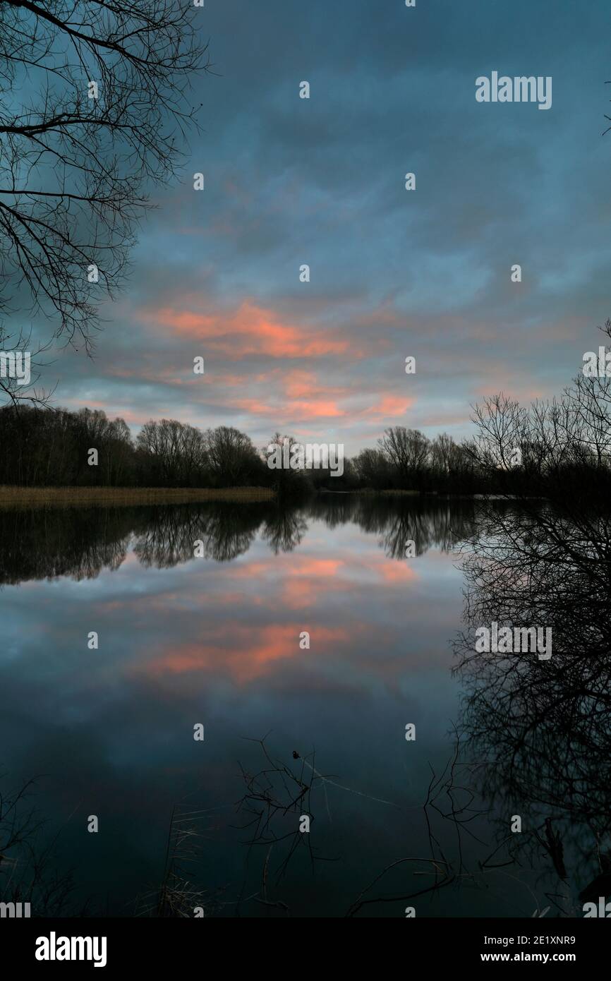 Winter sunset over Hinchingbrooke Country Park, Huntingdon town ...
