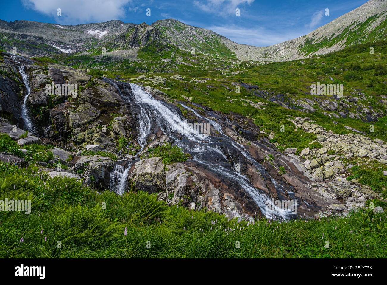 Rapid stream in mountain valley among grassy banks. Small waterfall in ...