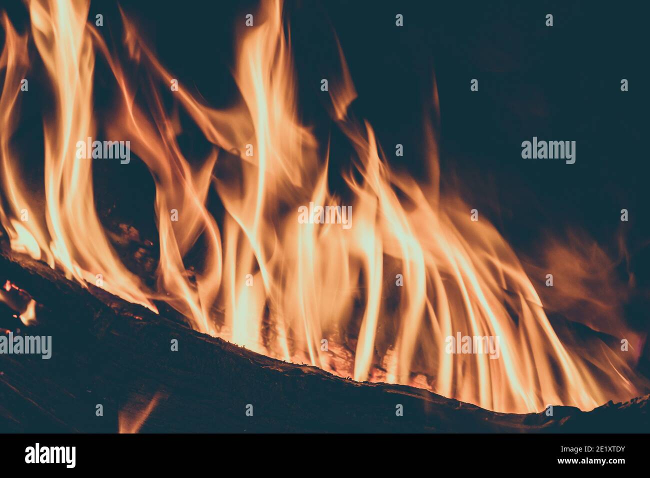 Wood is burning in fire. Fire for bushcraft and tourism at night gives ...