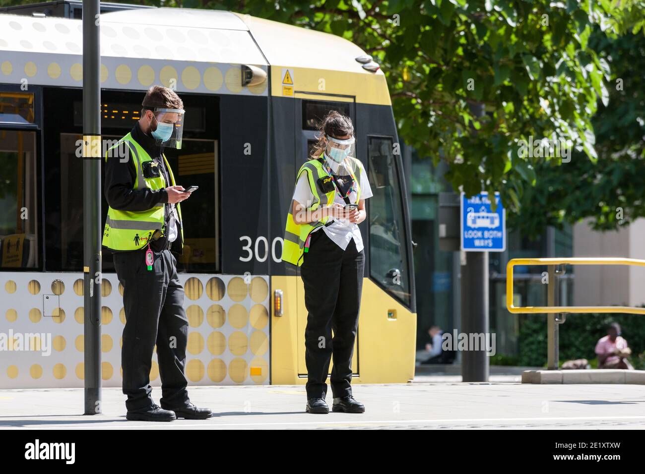 Manchester, UK - August 02 2020: Manchester Metrolink staff wear face ...