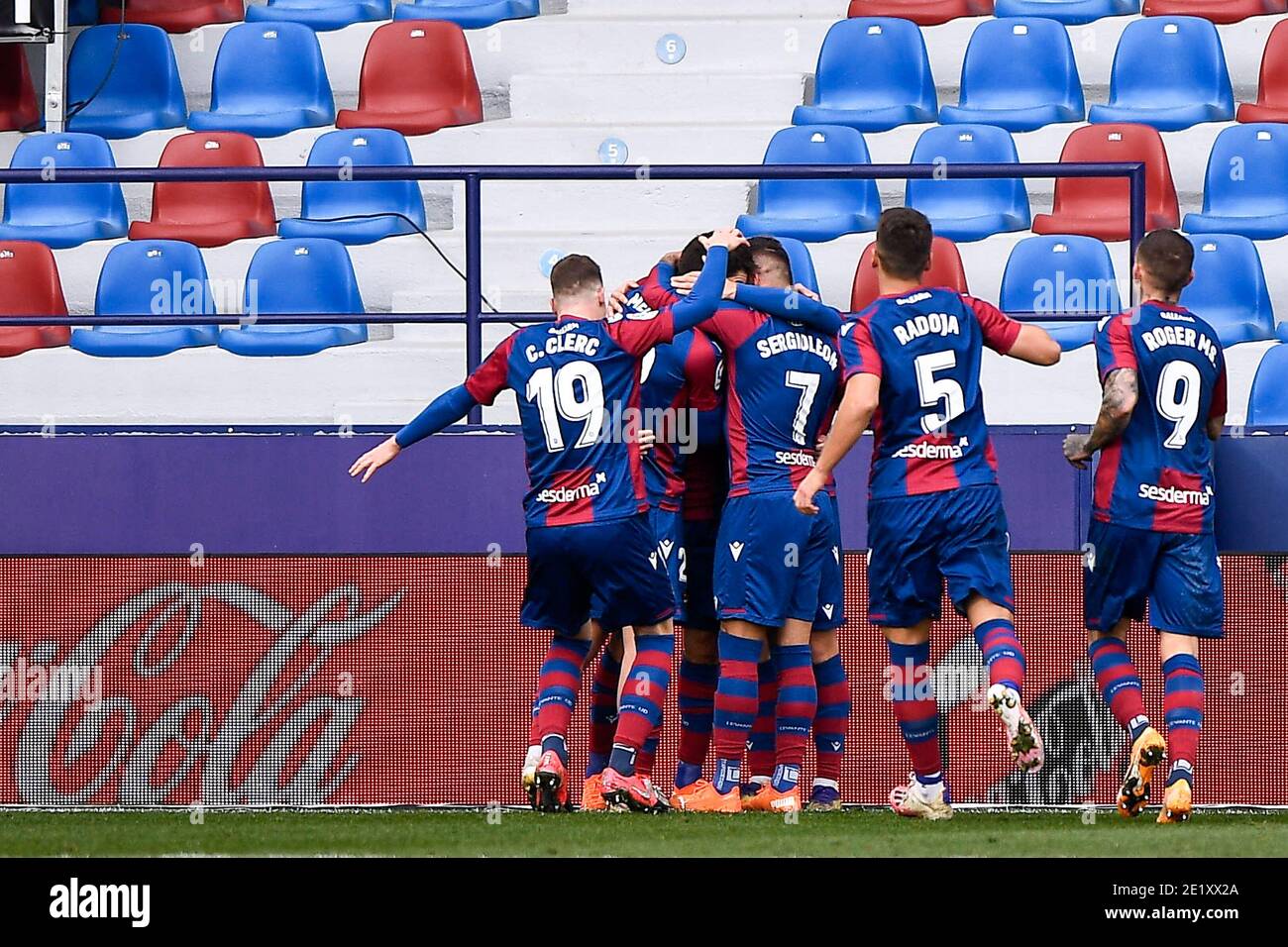 VALENCIA, SPAIN - JANUARY 10: Team of Levante celebrating goal during ...