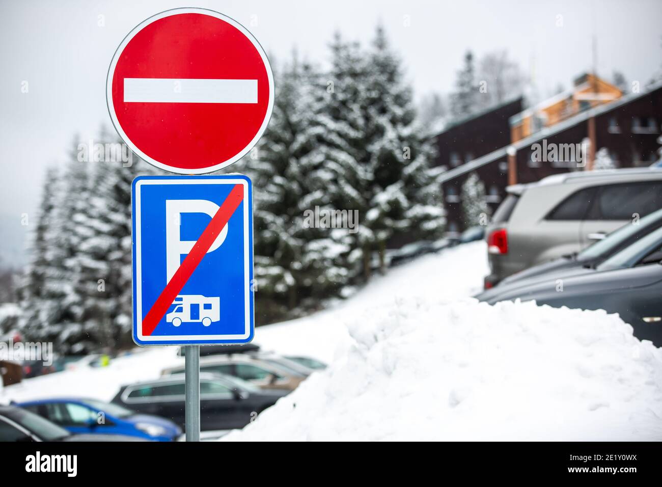 Road or traffic sign with no caravan parking during the winter time ...