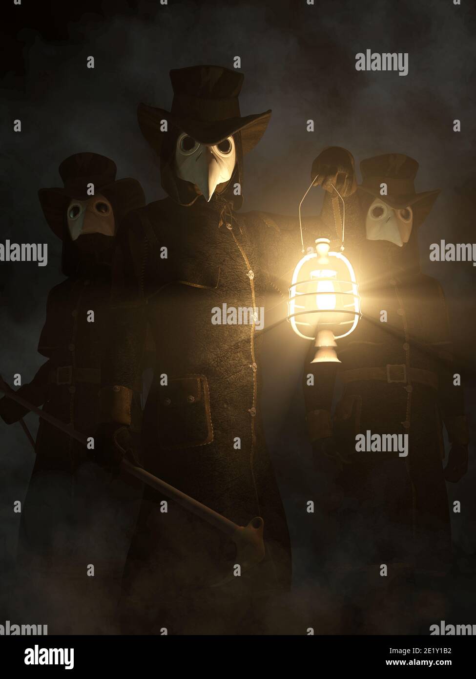 Emerging from the darkness and fog, three figures in black coats, dark ... Emerging from the darkness and fog, three figures in black coats, dark ...