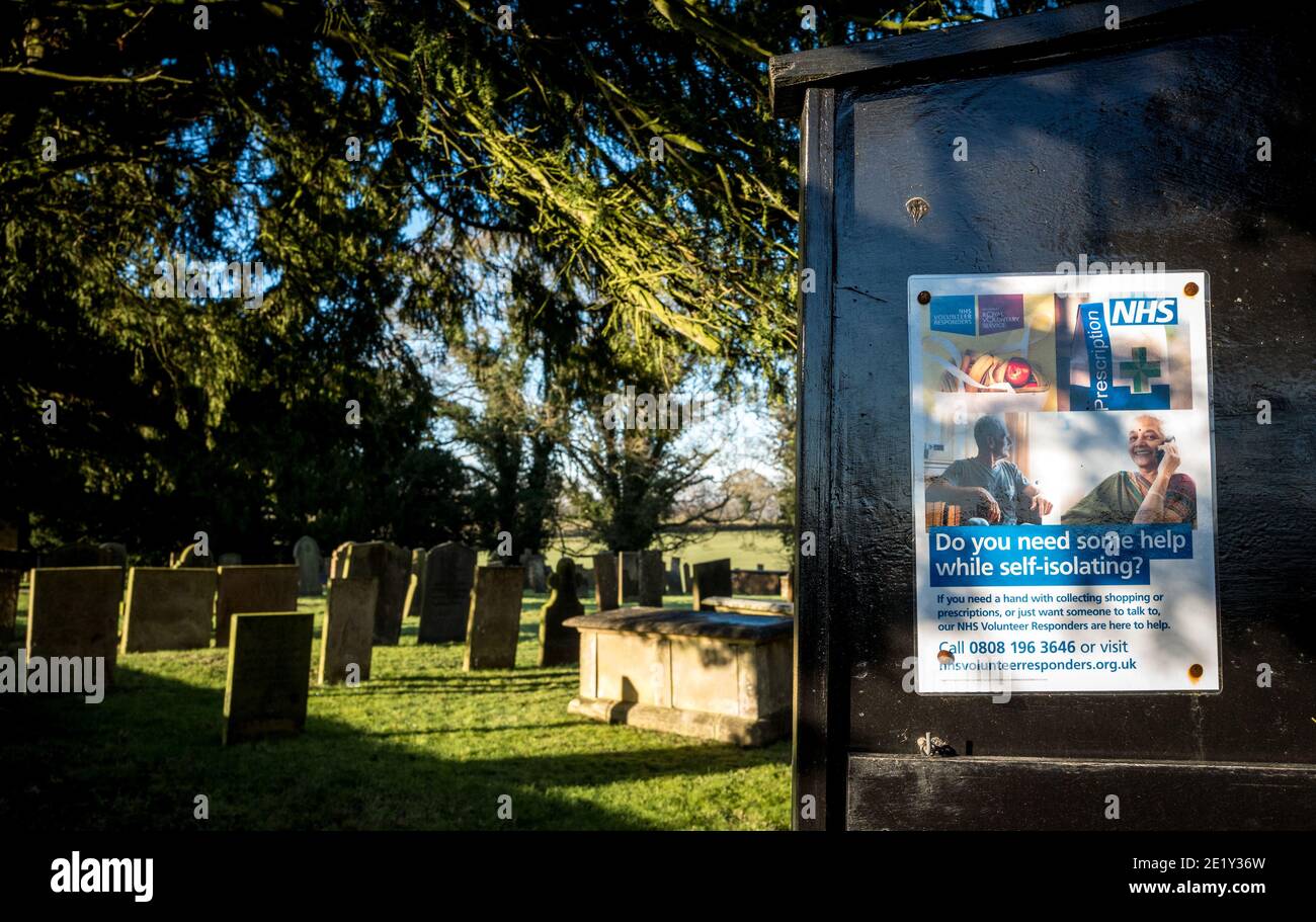 N.H.S. help during self isolation poster on a church notice board with ...
