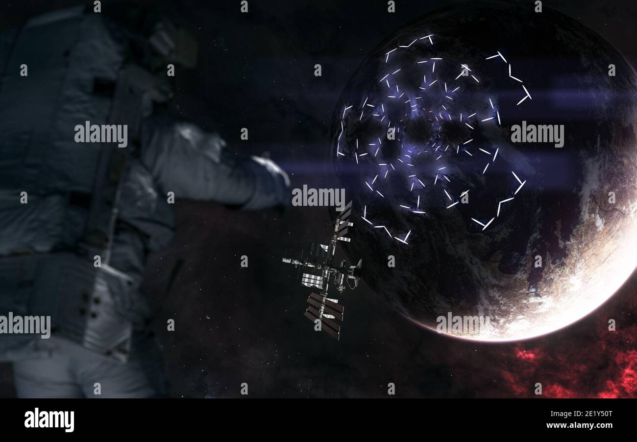 Space station on background of deep space planets. Luminous structures ...