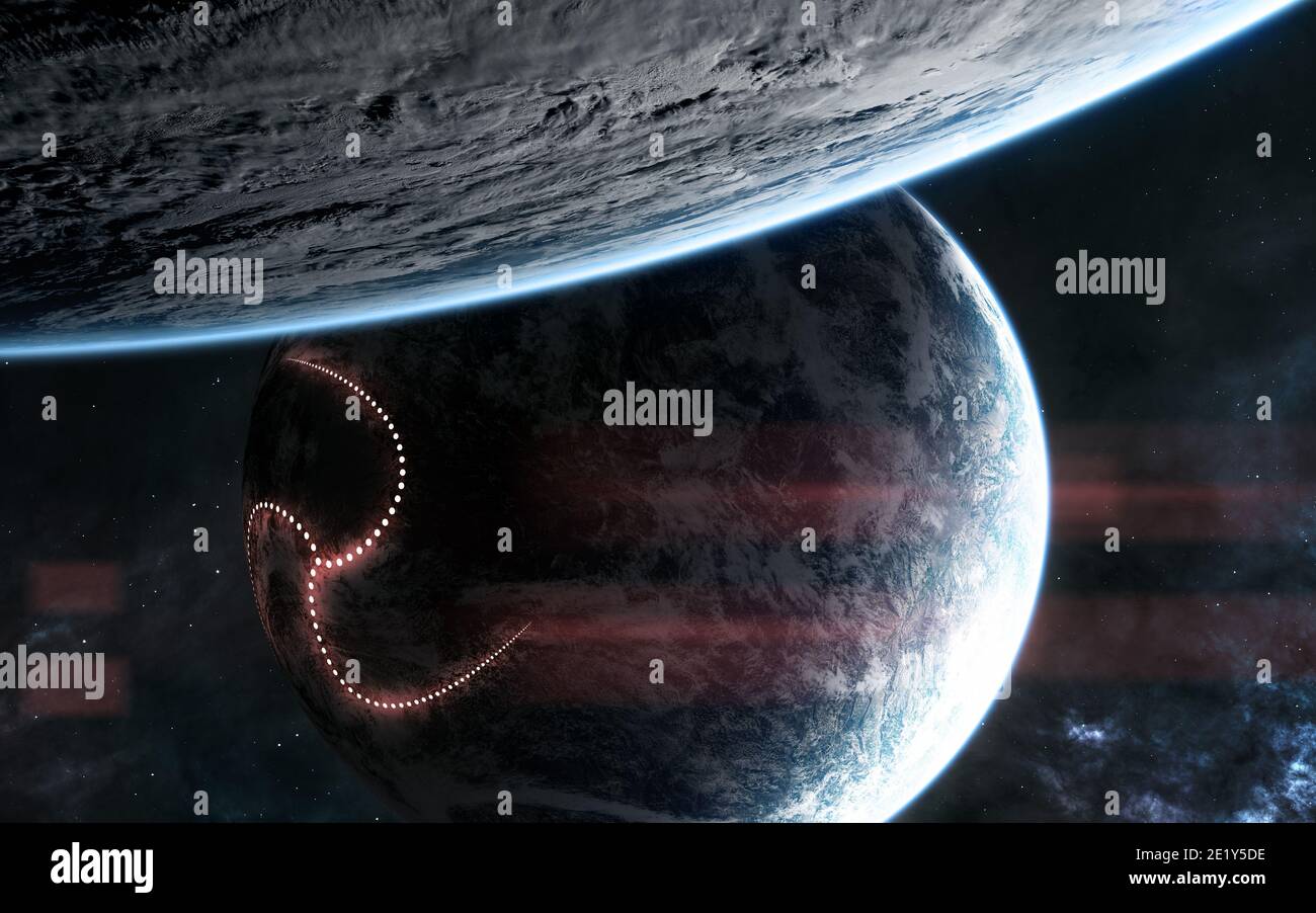 Deep space planets. Luminous structures on surface of planet Stock ...