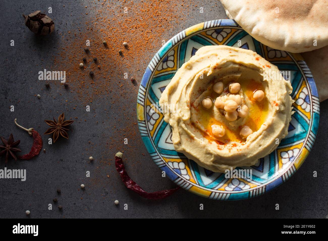 Top view photo of hummus plate. Middle Eastern food. Healthy eating ...