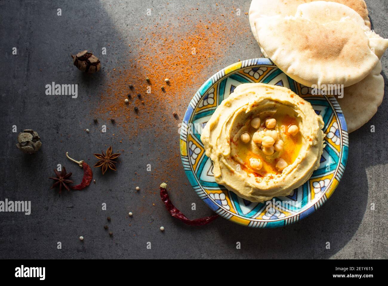 Top view photo of hummus plate. Middle Eastern food. Healthy eating ...