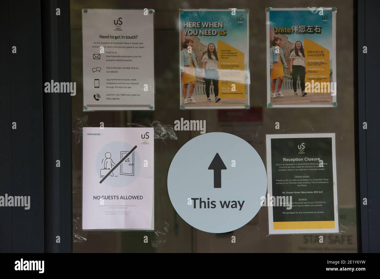 Manchester, UK - September 28 2020: Signs in the window of Birley halls ...