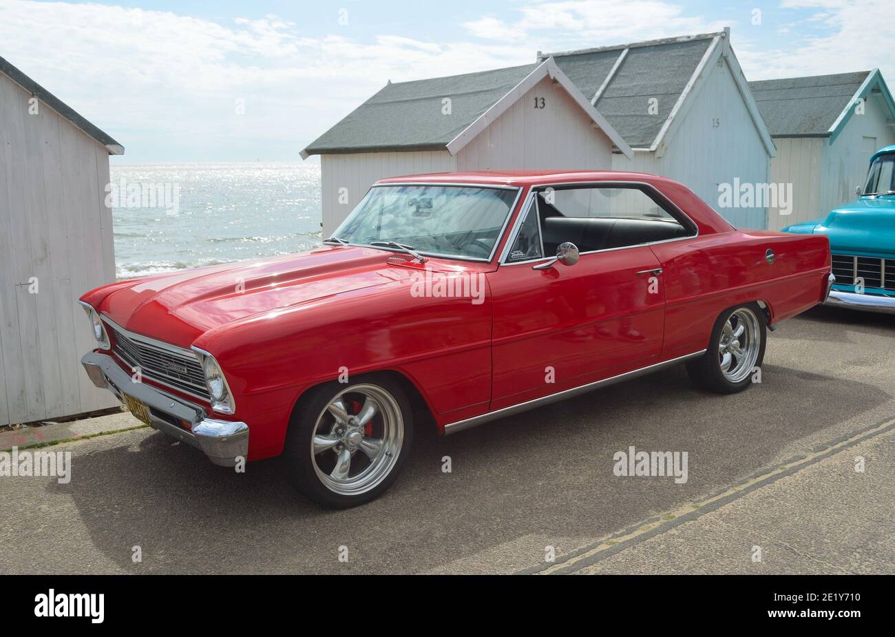 Classic red Chevrolet Chevy II motorcar on Felixstowe seafront Stock ...