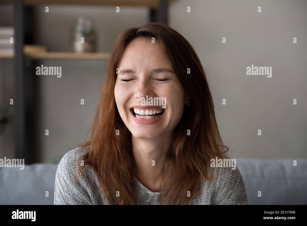 Close up of happy young woman laugh at home Stock Photo - Alamy