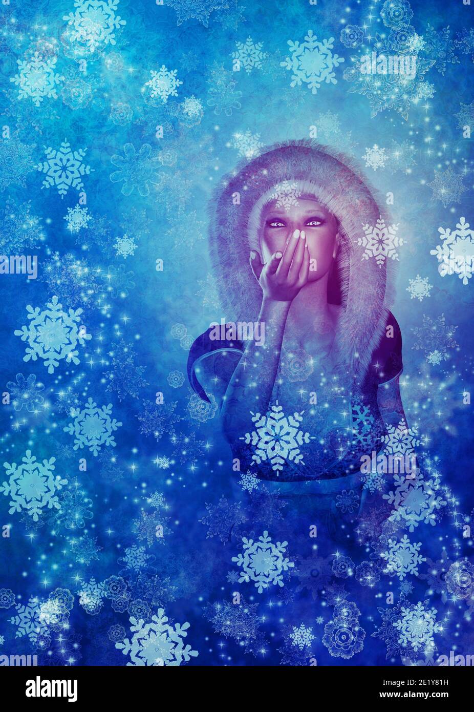 Fantasy 3d rendered winter girl portrait on soft background with ...