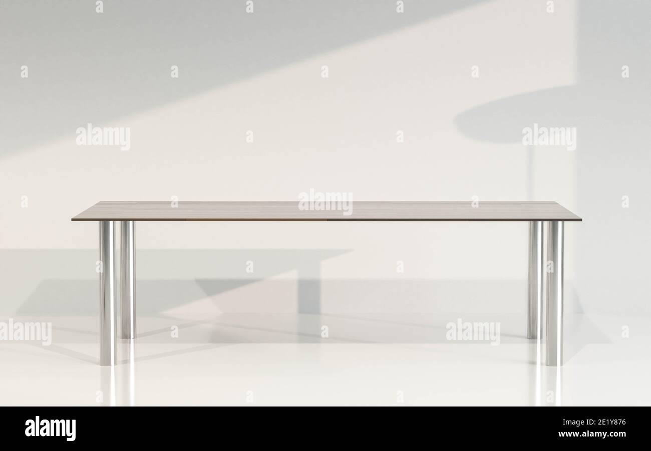 Empty wooden table with steel base and interior background 3d render ...