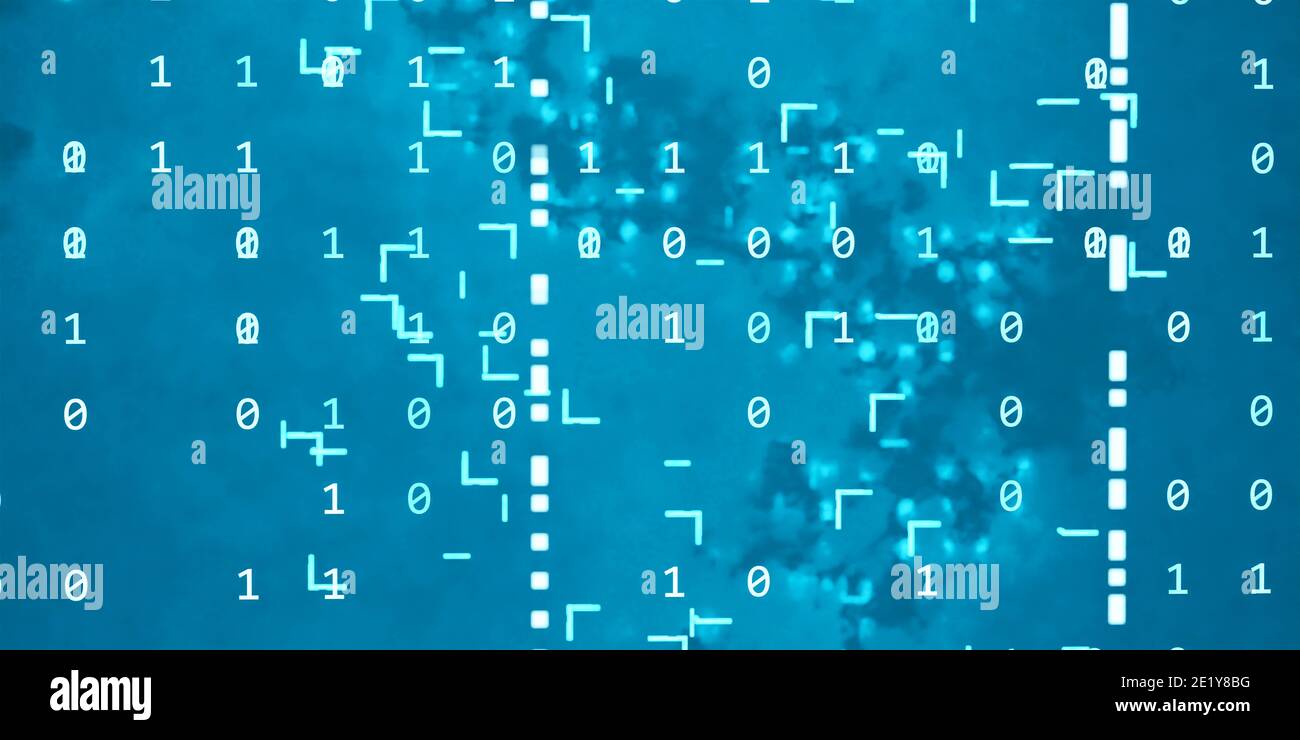 binary data symbolized by numbers zero and one with random code in blue ...