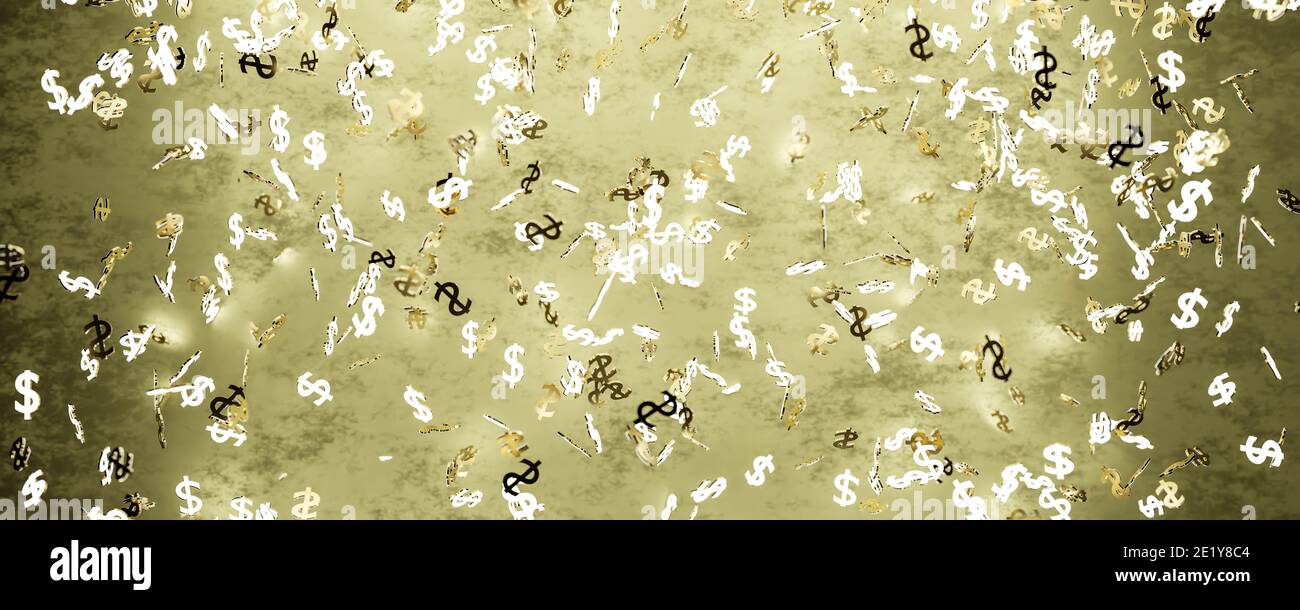 golden dollar signs falling down on golden background 3d render ...