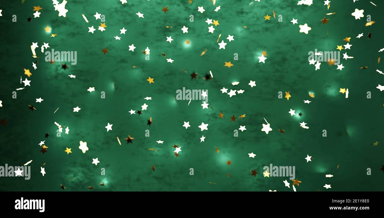Abstract background of blurry unfocused golden stars design green ...