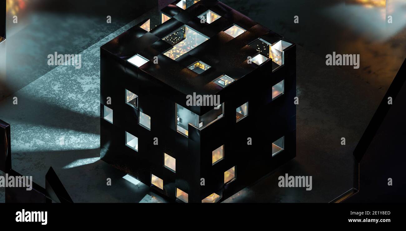 Futuristic cube technology textured object on blue light background 3D ...