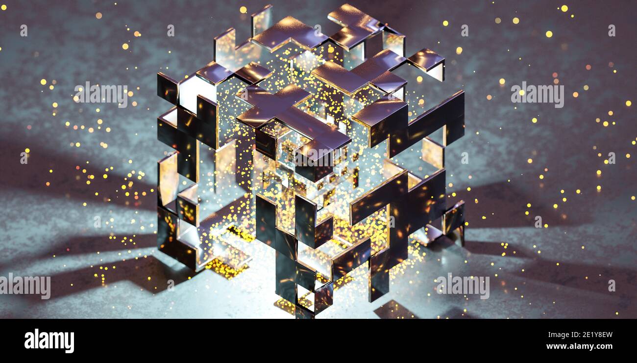 abstract metal steel cube exploding with glowing particles 3d render ...