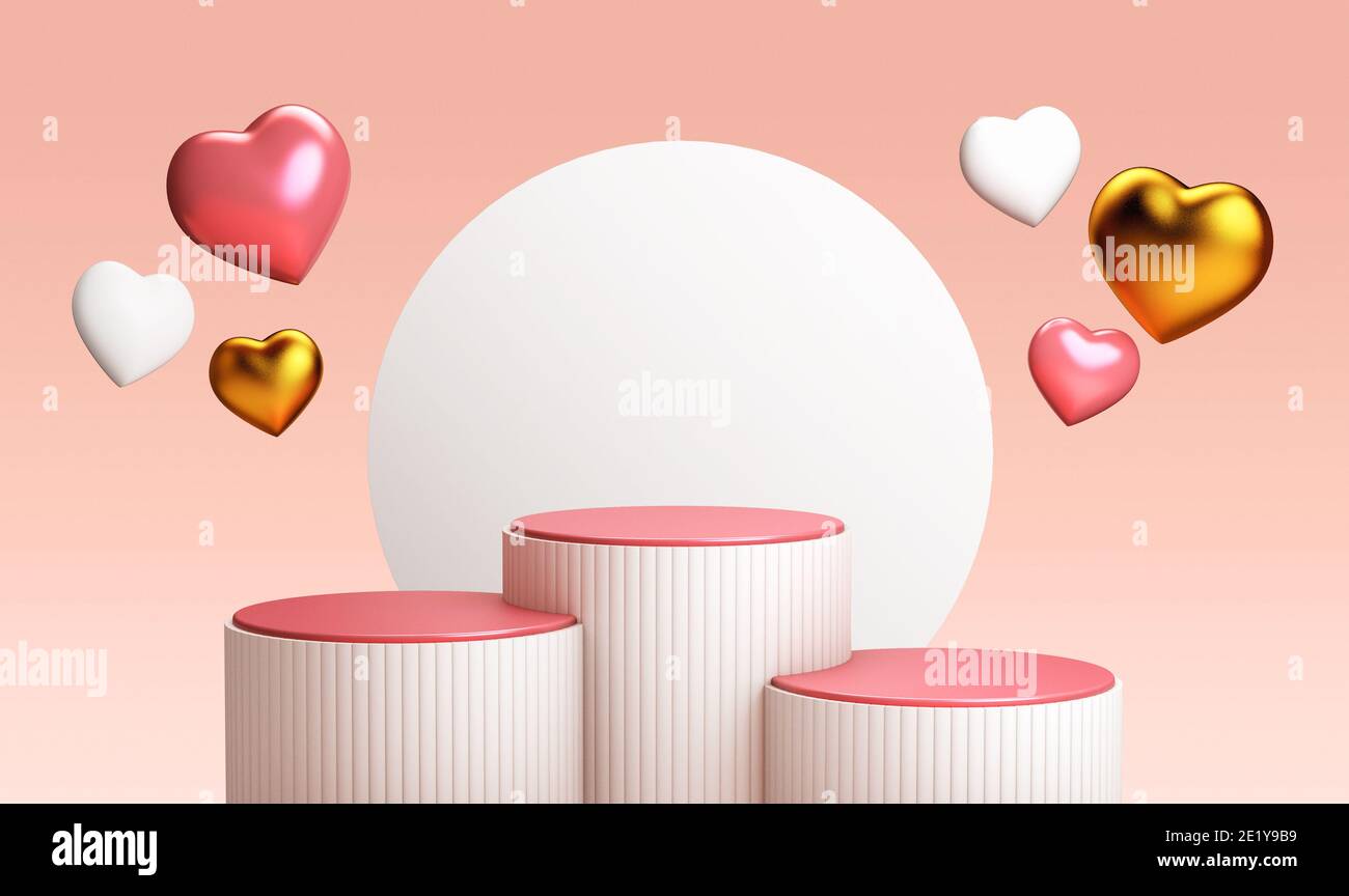 Three platforms with pink and golden hearts in 3D rendering. Valentines ...