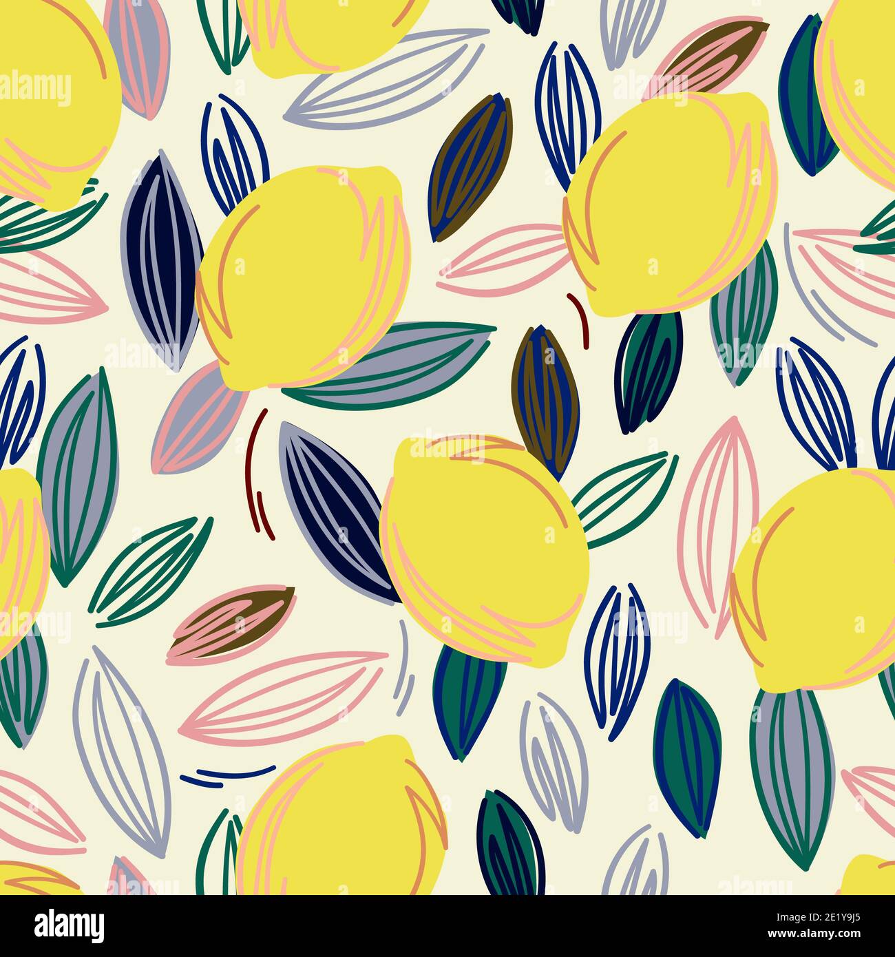 Lemon seamless pattern illustration. Summer design repeated textile with citrus fruits ...