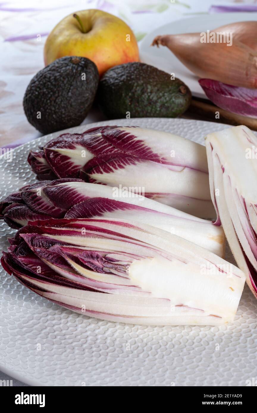 Healthy food, fresh Belgian endive red chicory lof lettuce close up ...
