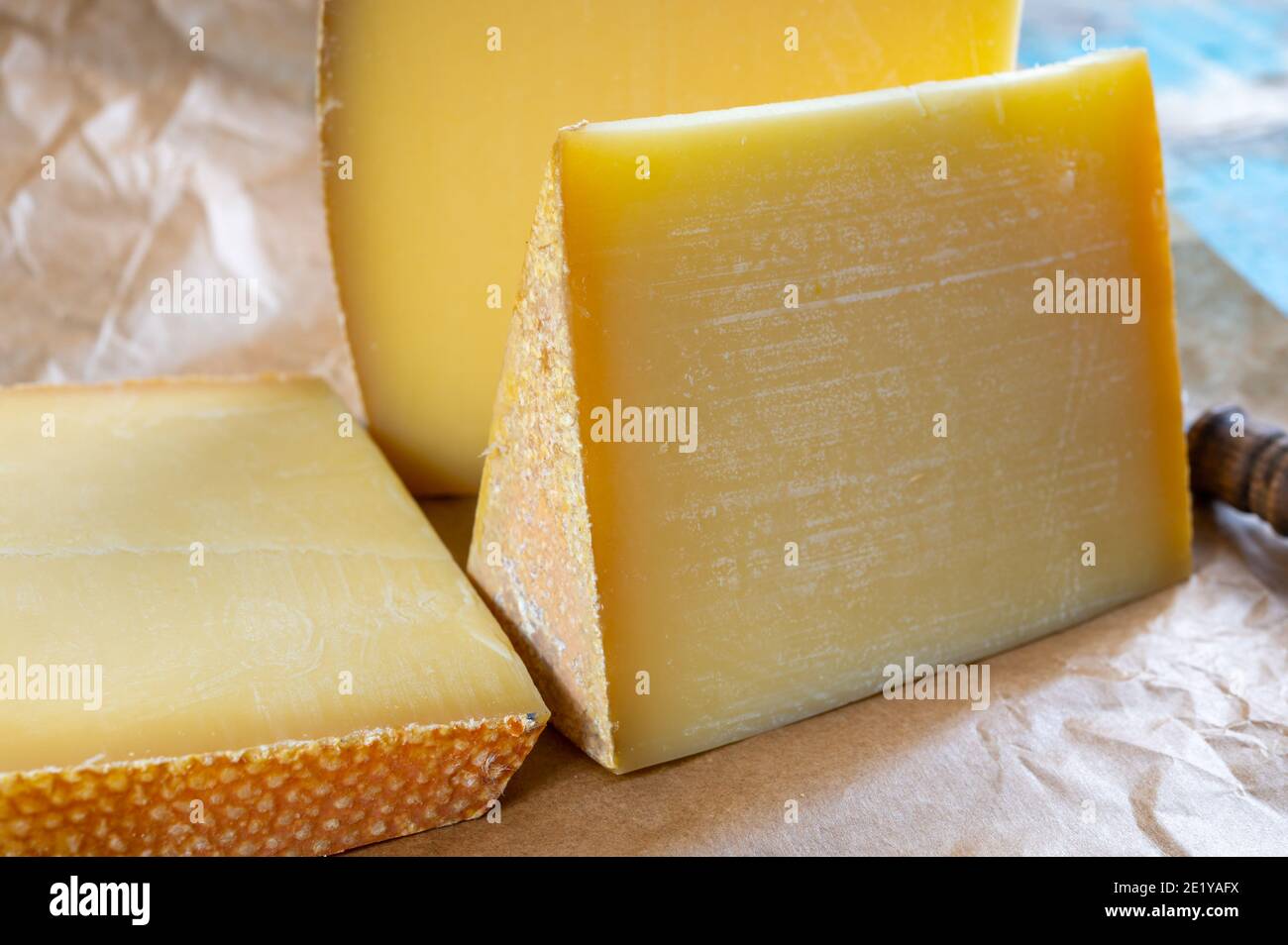 Cheese collection, French comte and Swiss gruyere cheeses close up ...