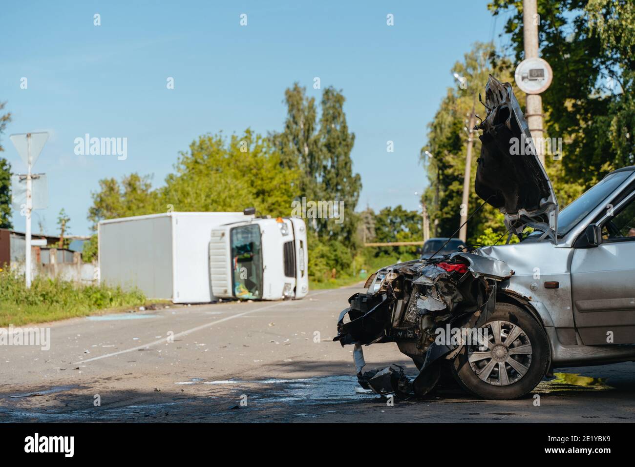 The truck collided with a passenger car. Car accident Stock Photo - Alamy