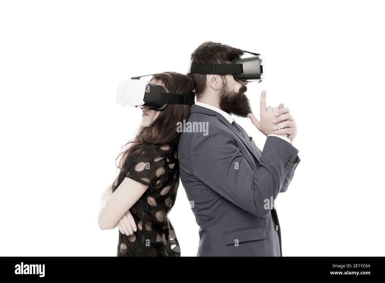 Business implement modern technology. Couple colleagues wear hmd ...
