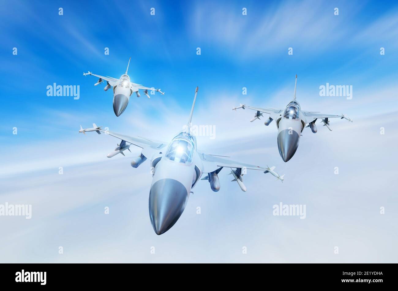 Military fighters jet three group aircraft at high speed, flying high ...
