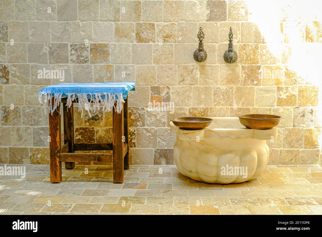 Traditional Turkish bath. Two faucets and two copper bowl Stock Photo ...