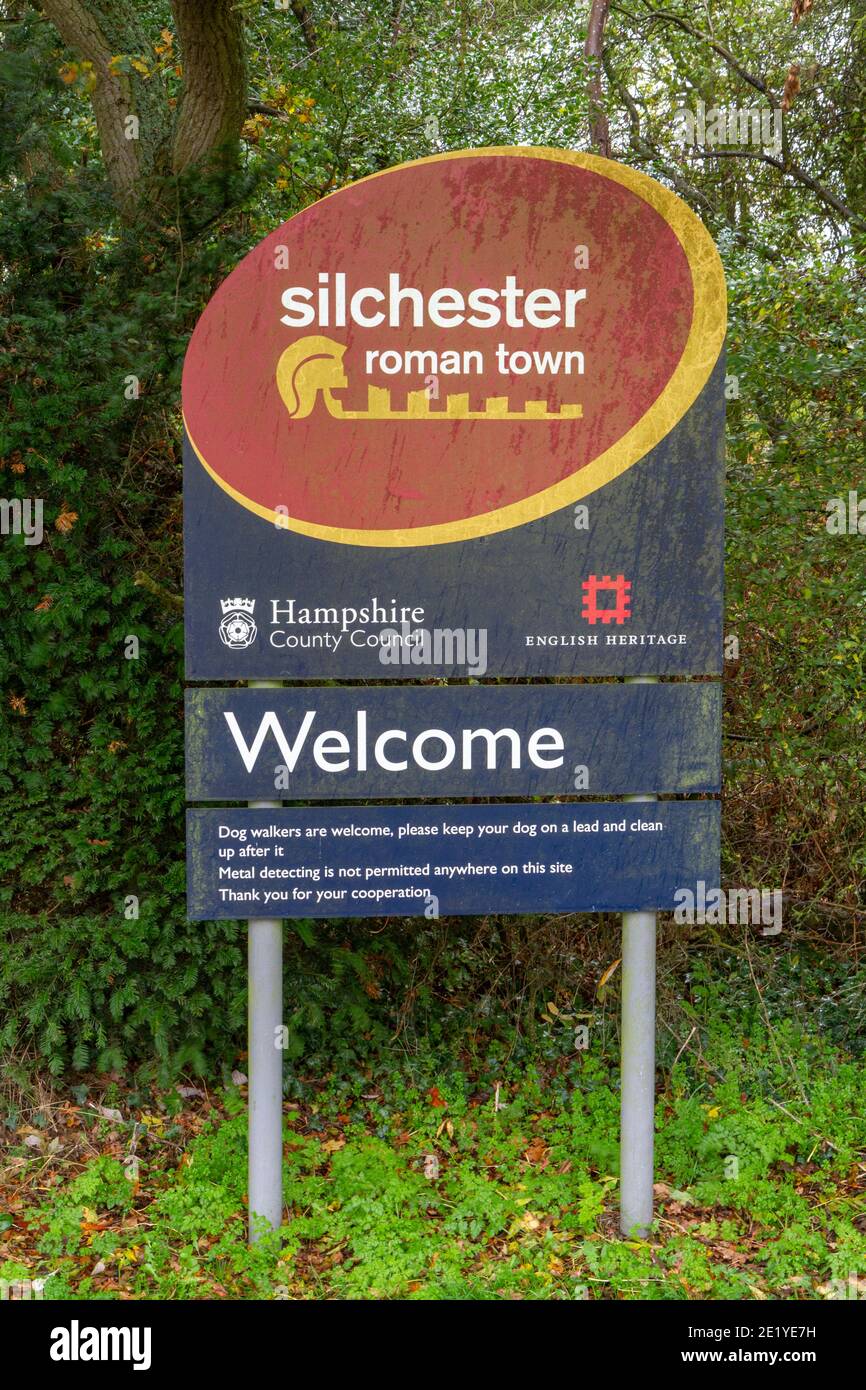 Sign at the 'entrance' to the Roman city of Silchester (Calleva ...