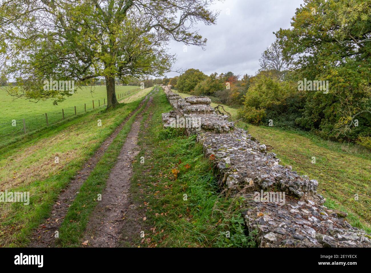 View along the top of the Roman walls to the Roman city of Silchester ...
