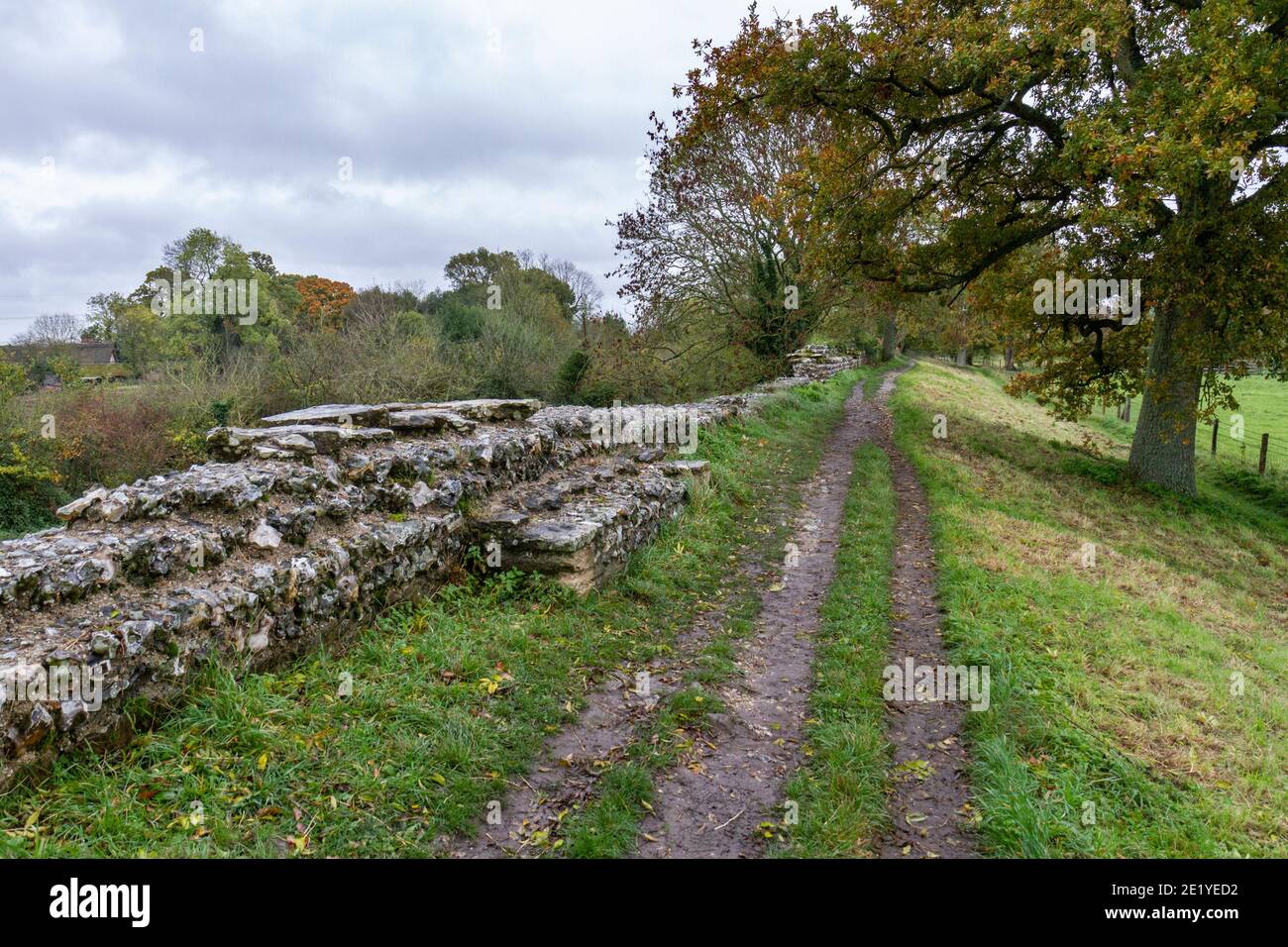 View along the top of the Roman walls to the Roman city of Silchester ...