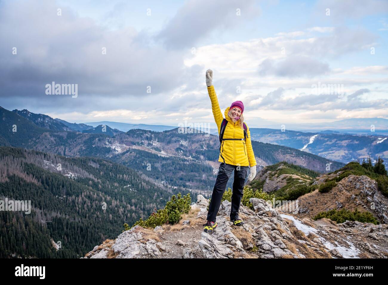 Hiker woman standing hands up hi-res stock photography and images - Alamy