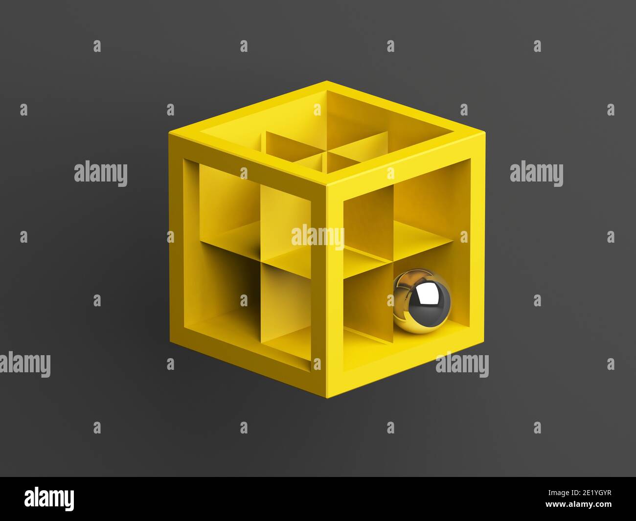 Abstract still life installation, yellow cube puzzle with metal ball ...