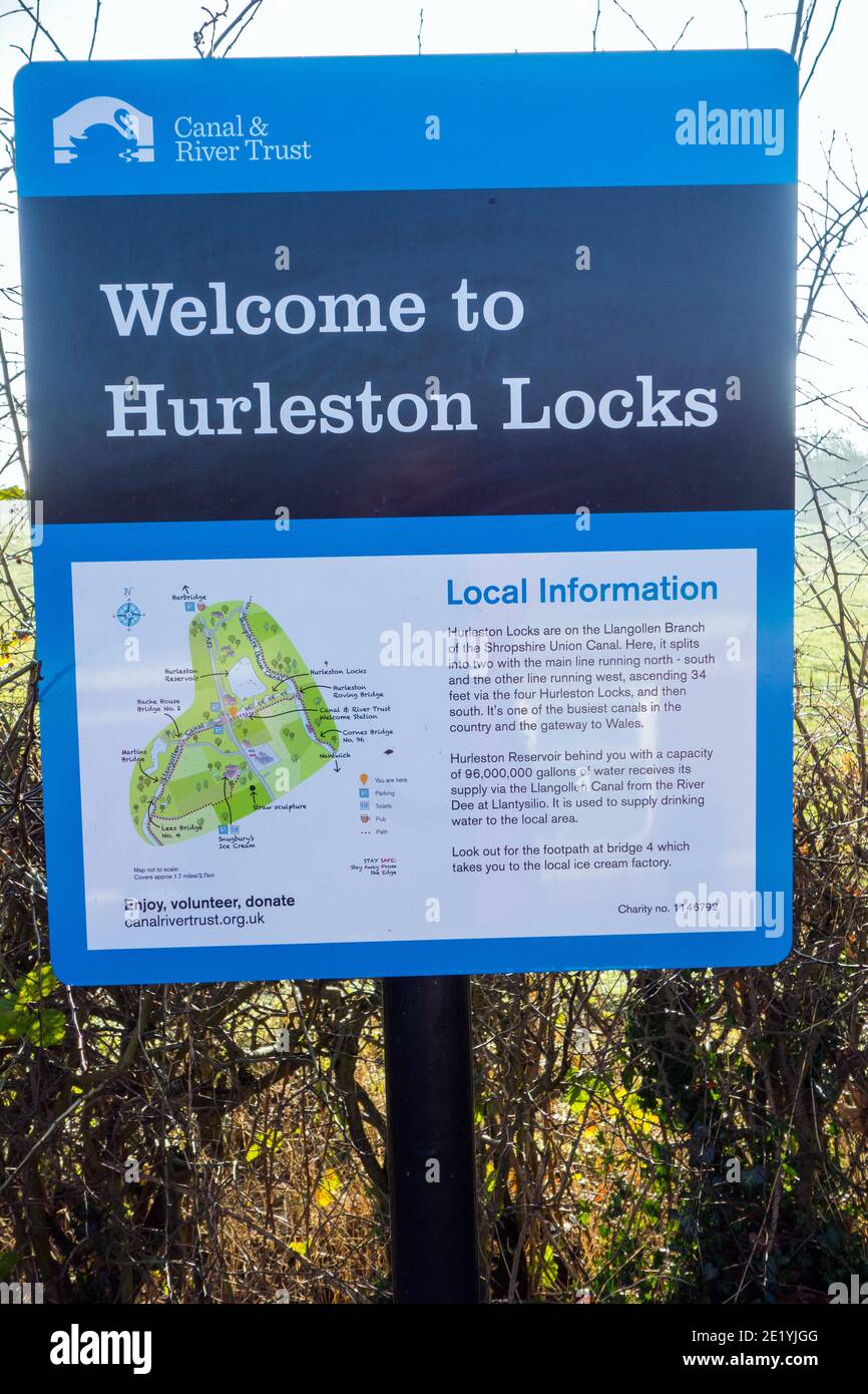 Canal and river Trust sign saying welcome to Hurleston Locks on the ...