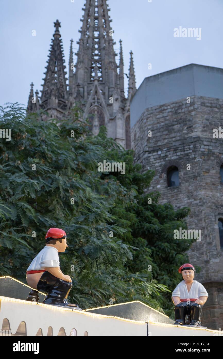 BARCELONA, SPAIN-DECEMBER 8, 2020: Caganer figures at Christmas market ...