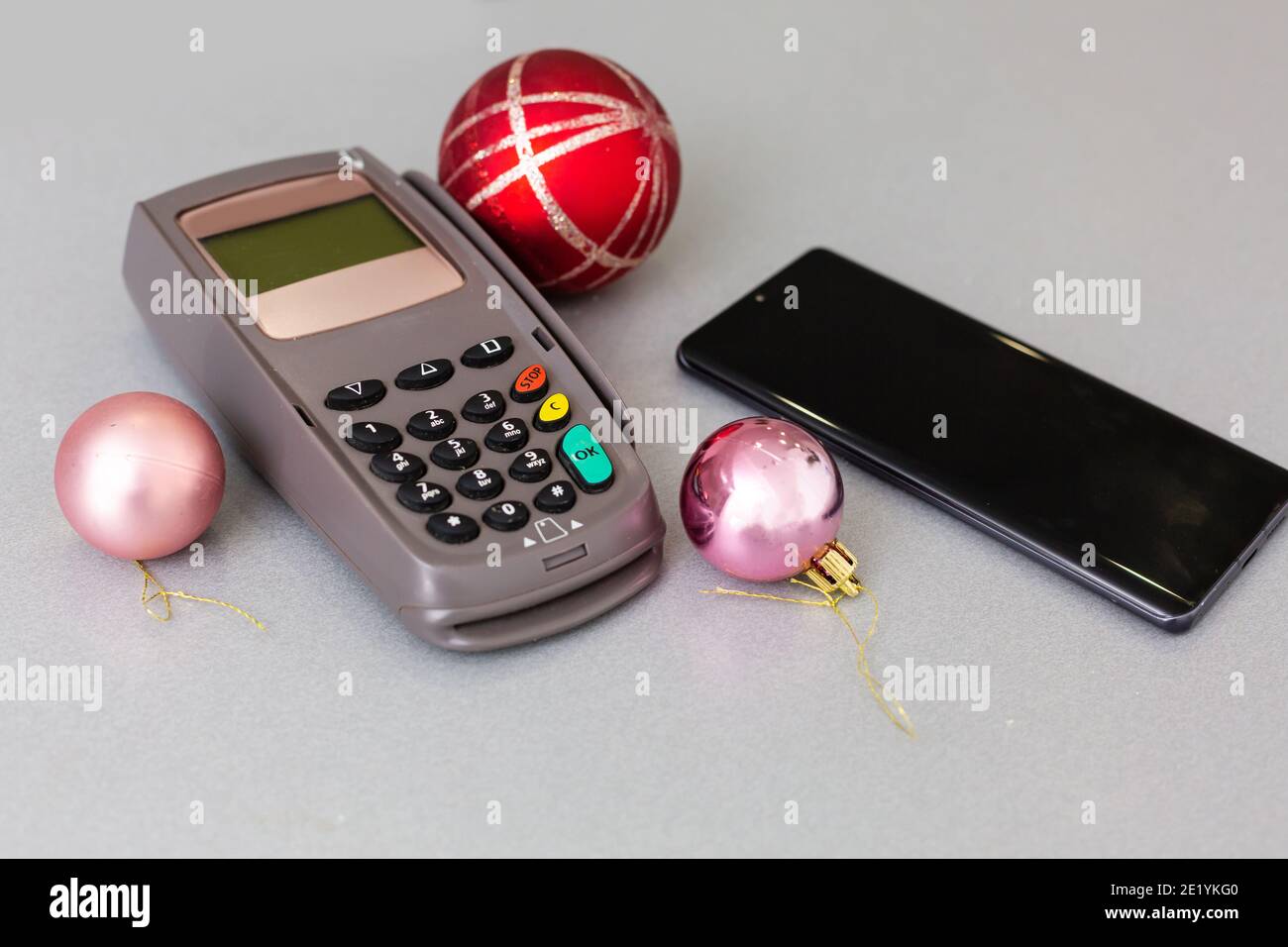 terminal for contactless payment with smartphone on white background ...